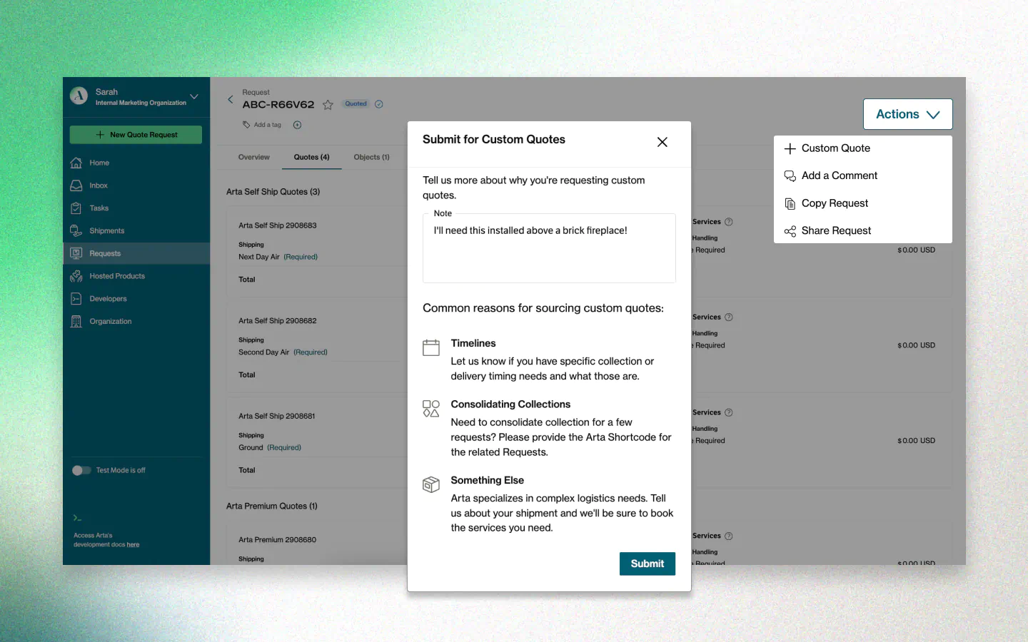 Requesting custom quotes - Guides · Arta
