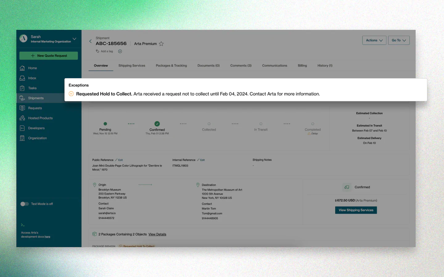 Shipment exceptions - Guides · Arta